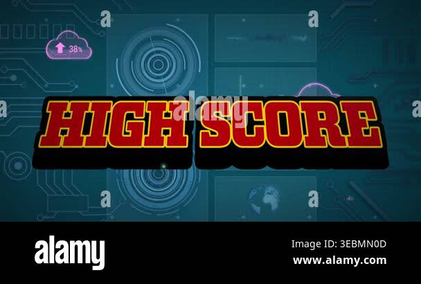 Animation of high score text and data processing on blue background ...