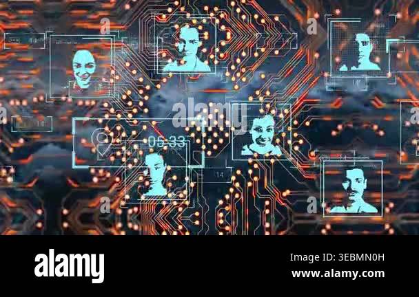 Animation of integrated circuit and social media users over clouds ...