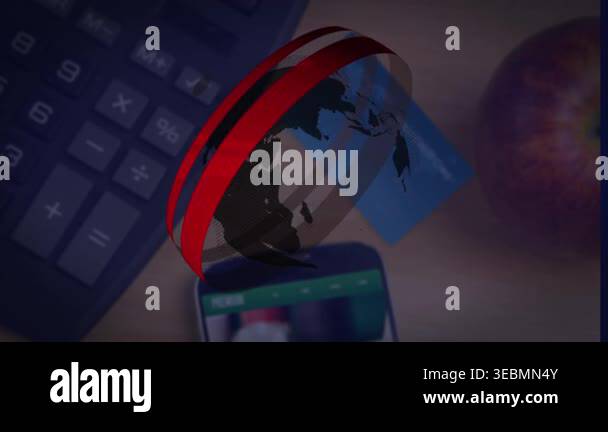 Animation of globe over calculator, smartphone, credit card and apple ...