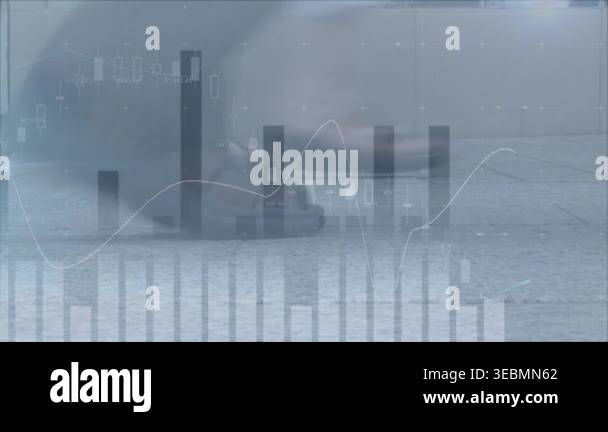 Financial data charts animation over people walking in urban area ...