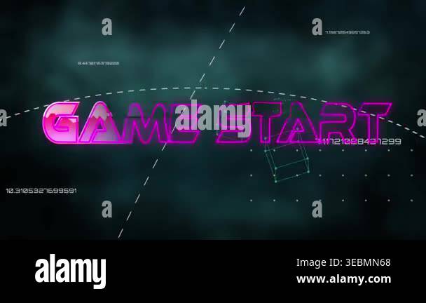 Animation of game start text over geometrical shapes on dark background ...