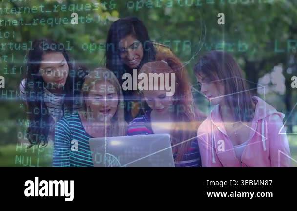 Animation of data processing over schoolchildren and teacher looking at ...