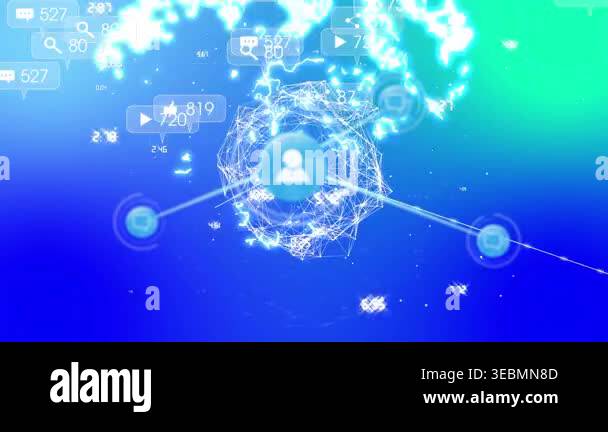 Animation of social media icons and numbers, network of connections ...