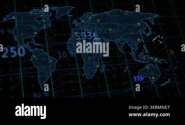On initial frame shift 3D world map animating adding glowing numbers ...
