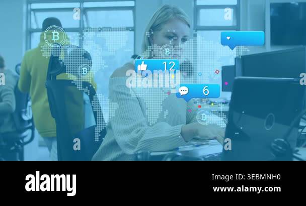 Animation of social media reactions and bitcoins over caucasian woman ...