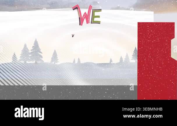 Animation of snow falling over merry christmas text banner against ...