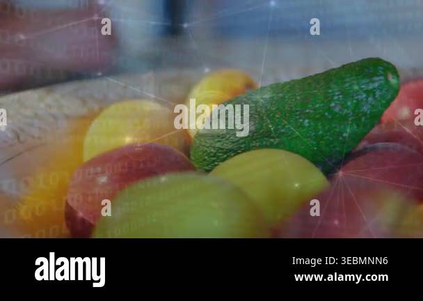 Animation on binary code and connections over fruits and hands of ...