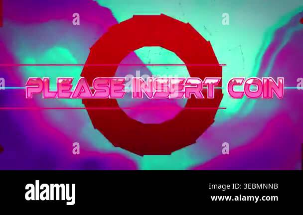 Animation of please insert coin text over shapes. Social media and ...