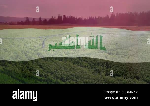 Translucent Iraqi flag overlay appearing waving while sun emerging ...