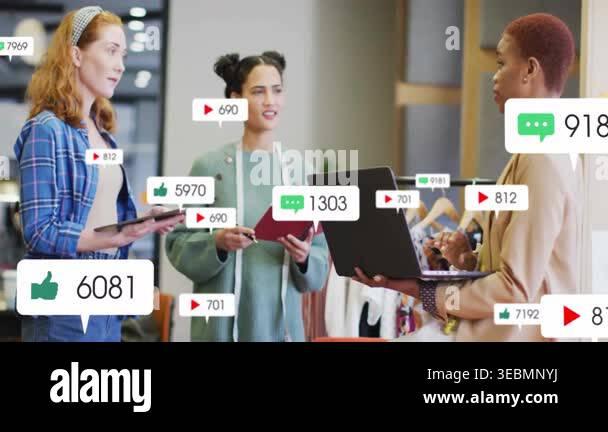 Social media engagement animation over diverse people discussing in ...