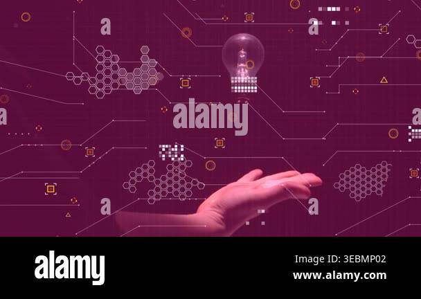 Animation of bulb over hand of caucasian man and icons on purple ...