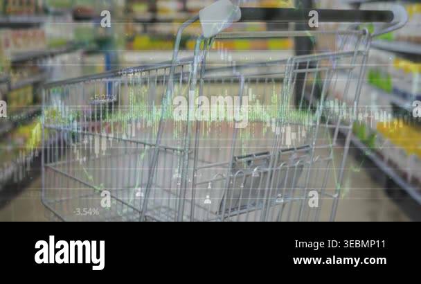 Animation of data processing over shopping cart. Global business ...