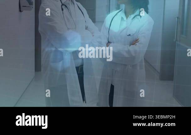 Animation of bacteria cells over diverse doctors looking at camera ...
