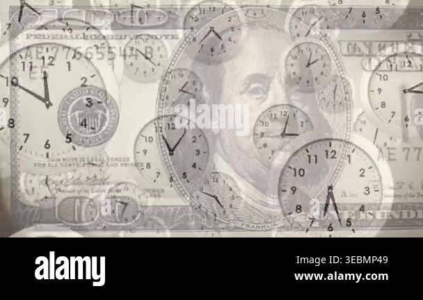 Clocks appearing and multiplying over 100 note, warm light revealing ...