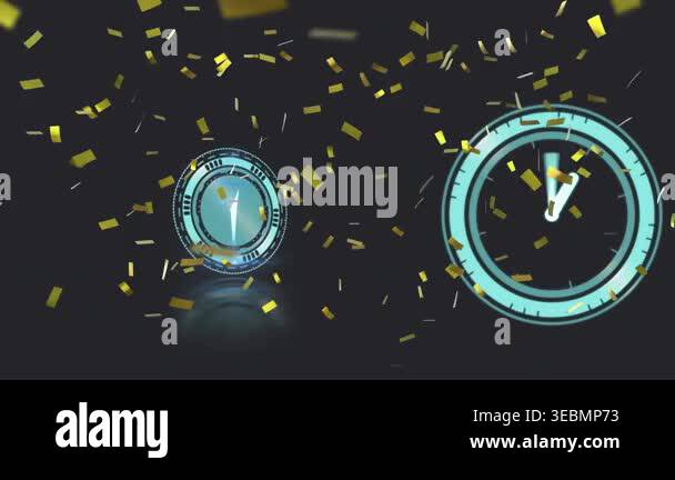Animation of happy new year text over clocks moving fast and confetti ...