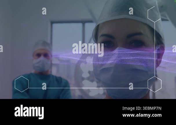 Animation of digital frame over caucasian female surgeon. health ...