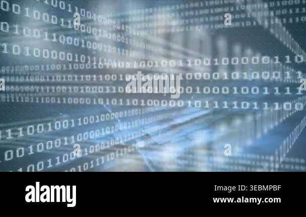A grid of binary code scrolling across a dark background. Global data ...