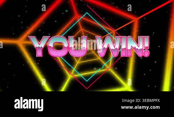 Animation of you win text and shapes on black background. Gaming ...