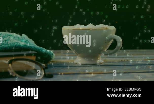 3D render white cup holding whipped cream, overlaying binary code on ...