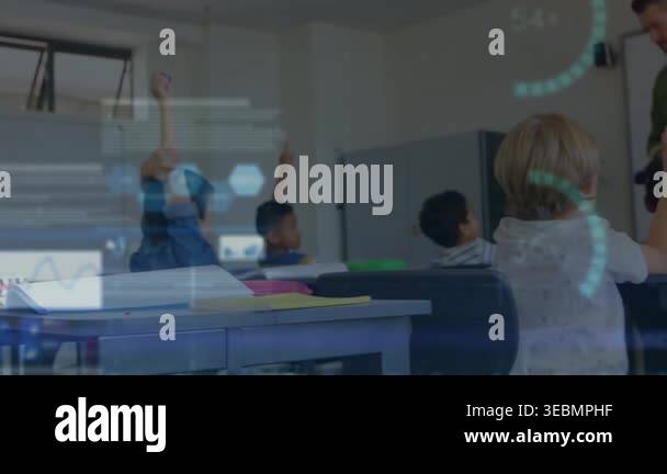 Animation of data processing over caucasian teacher with diverse group ...