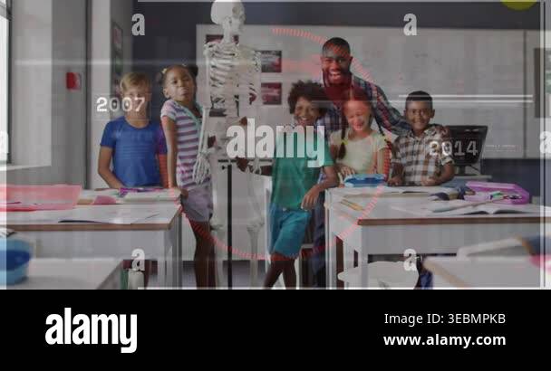 Playback starting, teacher behind 5 kids posing with skeleton in class ...