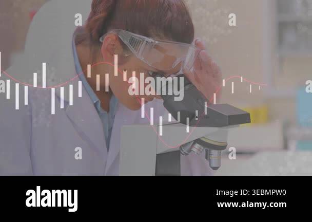 Female scientist using microscope as peer arriving with tablet ...