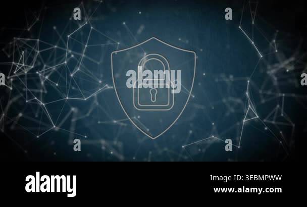 Animation of security padlock icon over network of connections against ...