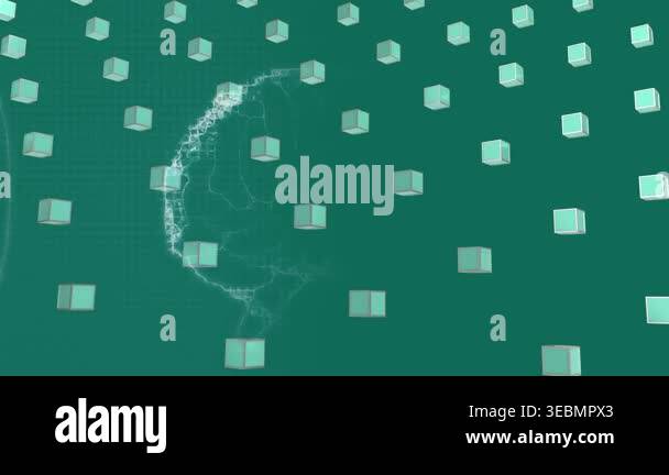 Animation of digital brain model over shapes on green background ...