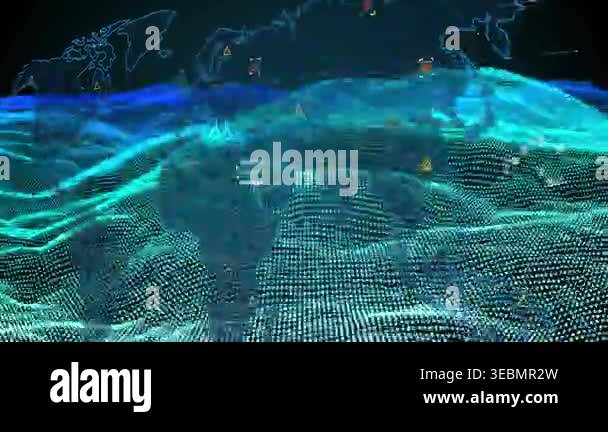Animation of world map over waves on black background. Global ...
