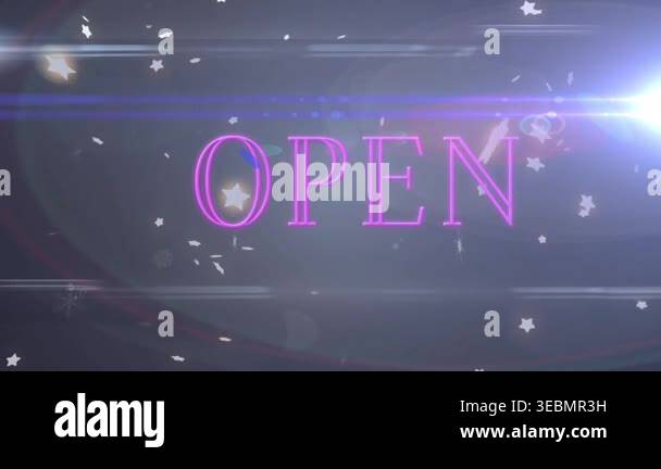 Animation of open text and stars on black background. Social media and ...