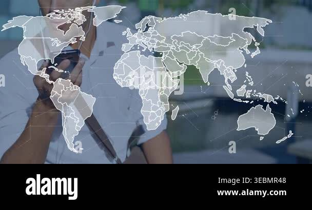 Man holding phone, raising toward mouth, initiating tech world map ...