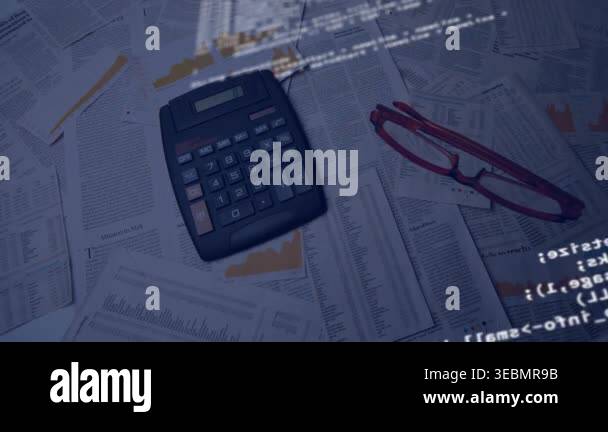 Animation of data processing over vintage calculator. Global finance ...