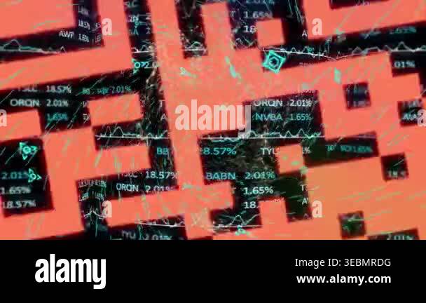 Animation of data processing and qr code over black background. global ...
