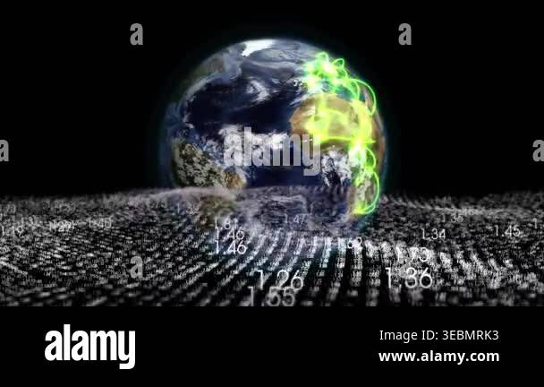 Earth pulsing nodes sparking neon arcs looping to Americas and data ...