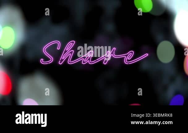 Animation of neon purple share text banner over colorful spots of light ...