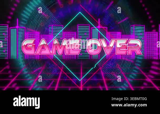 Animation of game over text banner over round scanner against neon 3d ...