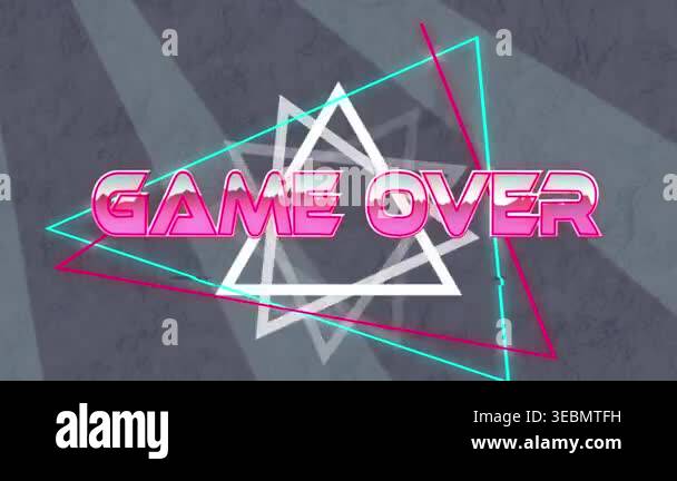 Animation of game over text over geometrical shapes on grey background ...