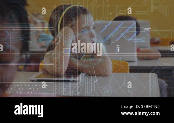 Animation of digital data processing over business people using digital ...