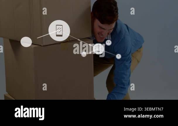 Carrying boxes, man surrounded by music and smartphone icons animation ...
