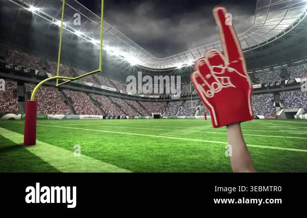 Animation of hand and holy over sports stadium. sport, games and ...