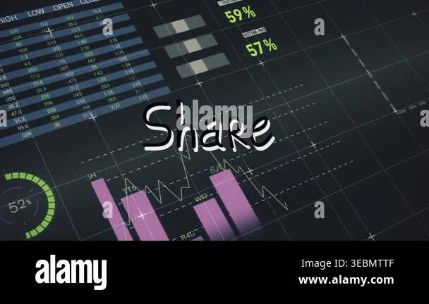 Animation of share text and data processing on black background. social ...