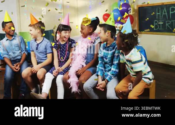 Animation of confetti falling over children having fun at party ...