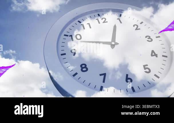 Purple ribbons entering edges starting flow, analog clock rotating ...