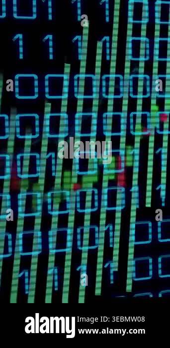 Vertical video: Data viz receiving feed, cyan bits shifting, green bars ...