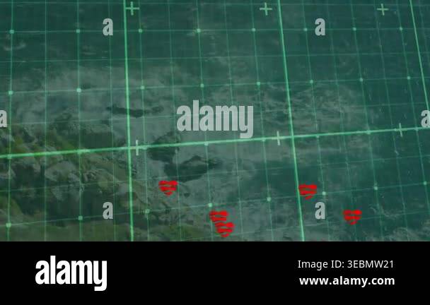 Animation of red hearts floating over grid and landscape. Global ...