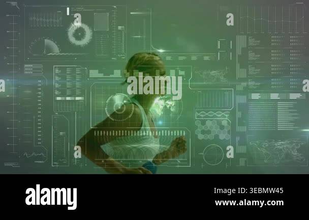 Animation of data processing over caucasian woman running on beach ...