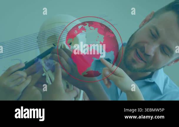 Animation of spinning globe over caucasian male teacher teaching ...