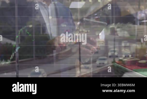 Man in suit tapping phone, rotating to tablet in glass lobby, animating ...