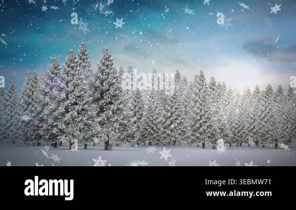 A digital animation of snow falling in a forest landscape. Star shapes ...