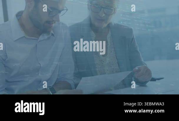 Animation of data processing against diverse businessman and ...